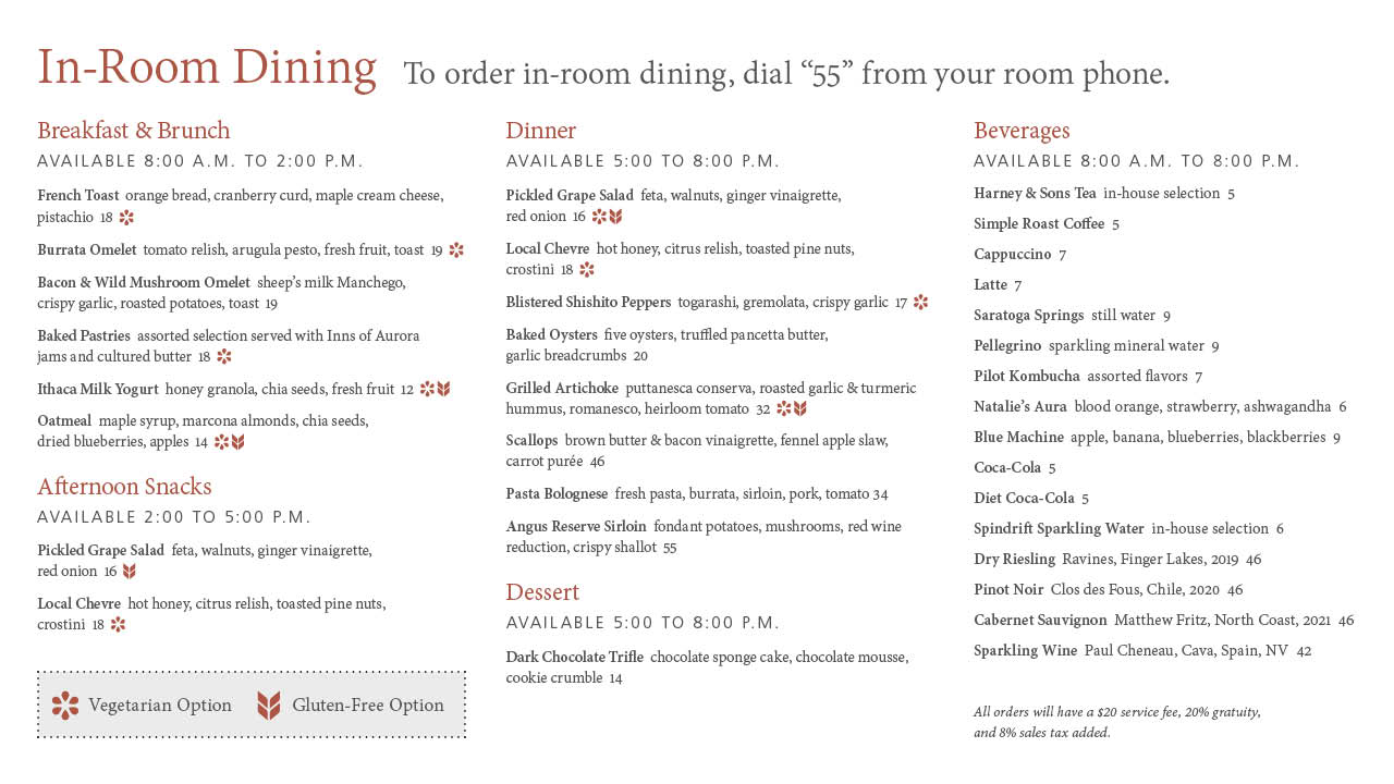 Aurora, NY Lodging | In-Room Dining | Cayuga Lake Hotels on the Water